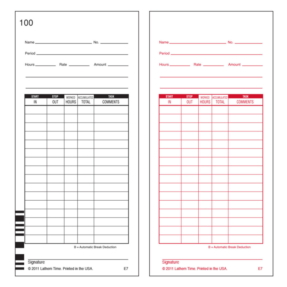 Lathem E7100 Numbered 1-100 Two-Sided Time Card - 100/Pack