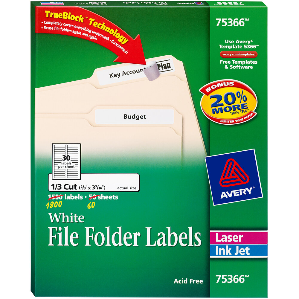 Avery 75366 TrueBlock 2 3 3 7 16 White Permanent File Folder Label 