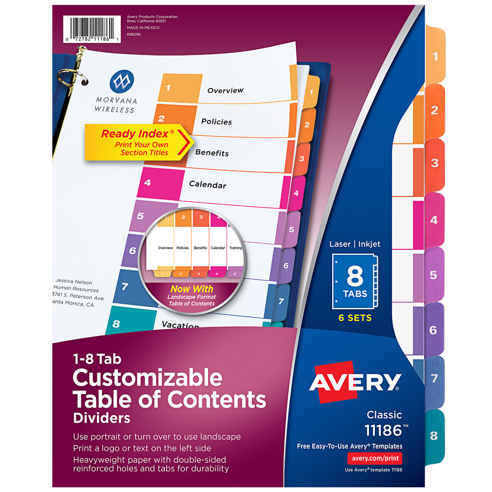 Avery® 11186 Ready Index 8-Tab Multi-Color Table of Contents Divider ...