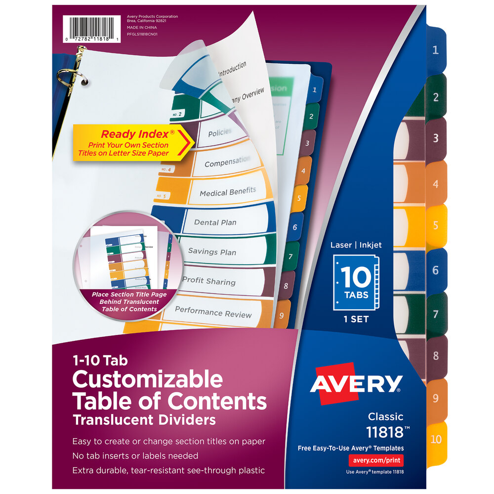 Avery® 11818 Ready Index 10-Tab Multi-Color Plastic Table of Contents ...