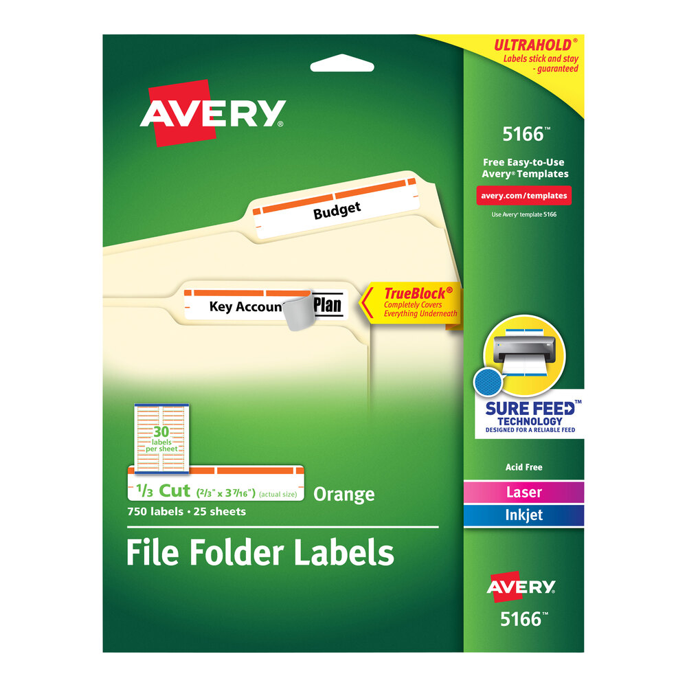 Avery® 5166 TrueBlock 2/3" x 3 7/16" Orange File Folder Labels - 750/Pack