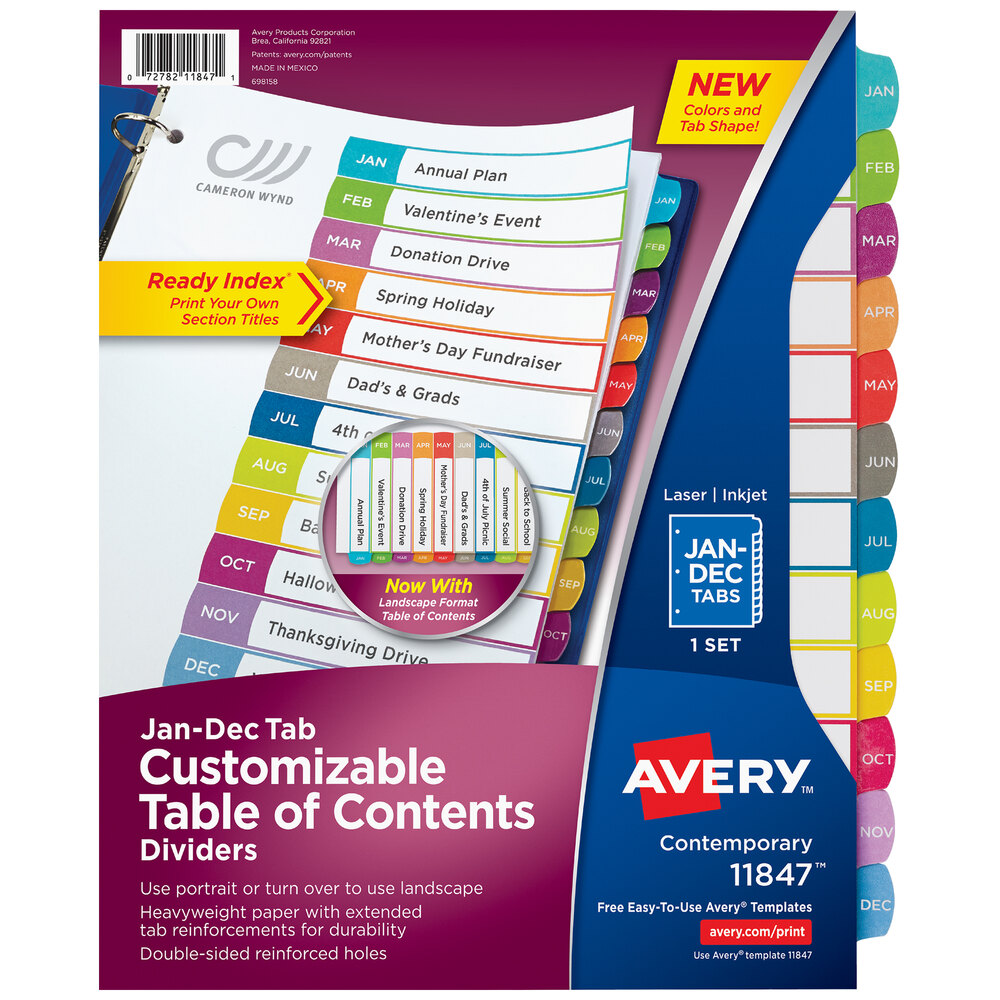 Avery® 11847 12-Tab Jan.-Dec. Multi-Color Customizable Table of ...
