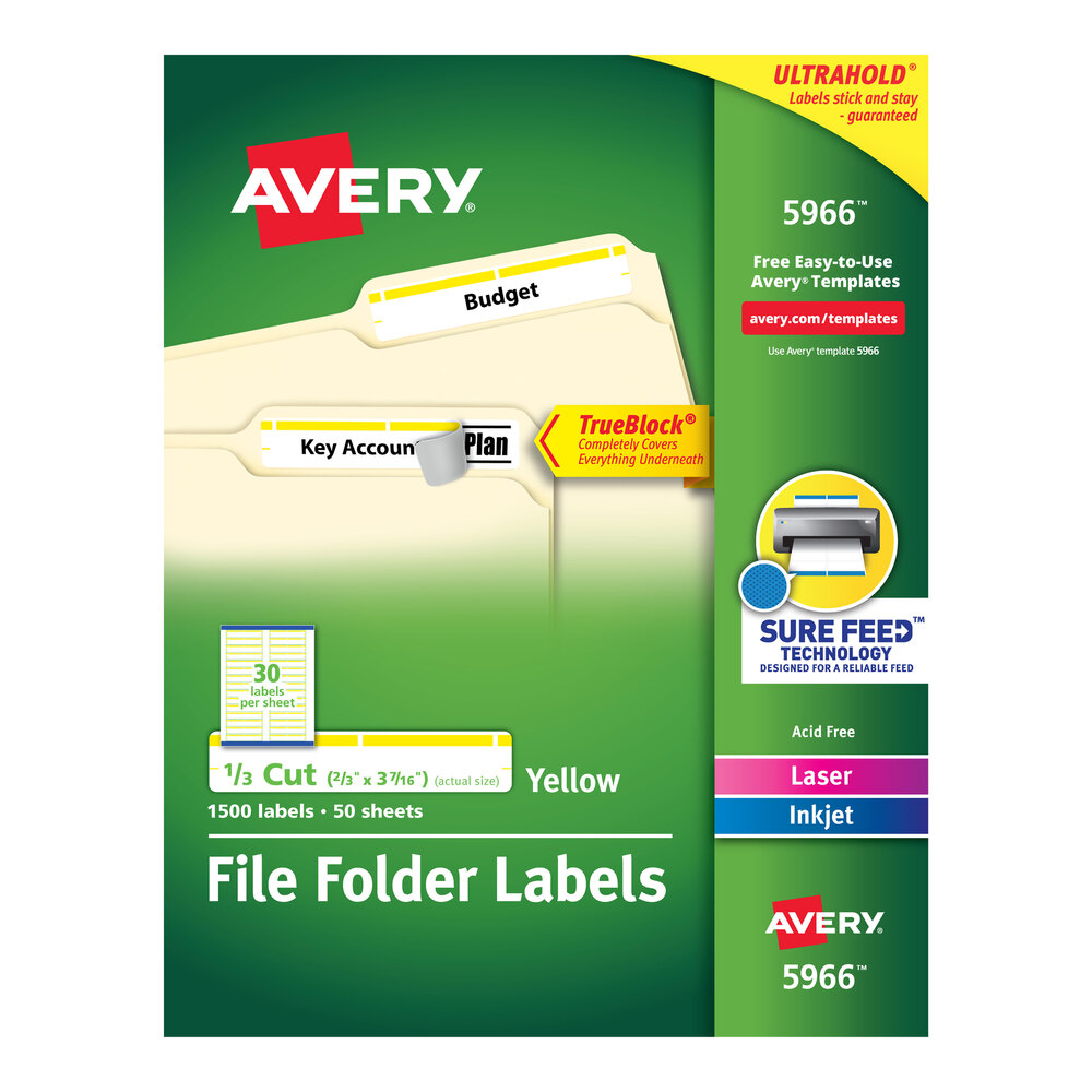 Avery® 5966 TrueBlock 2/3" x 3 7/16" Yellow File Folder Labels - 1500/Box