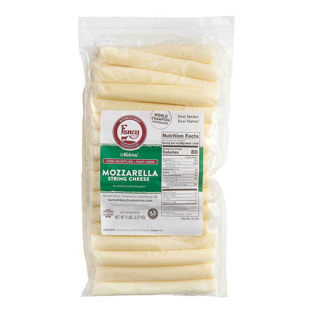 John F. Martin 5 lb. Bag Mozzarella String Cheese Sticks - 4/Case