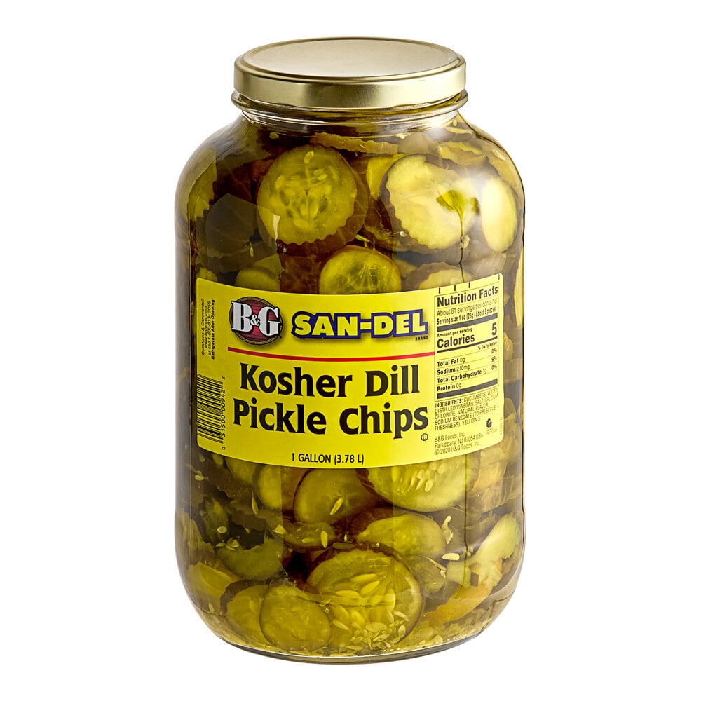 B&G San-Del 1 Gallon Kosher Dill Crinkle Cut Pickle Chips - 4/Case