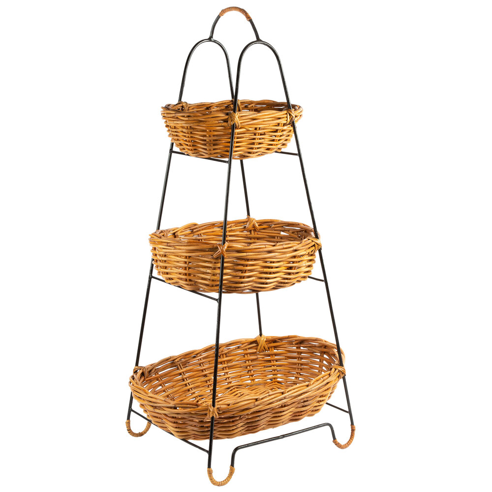 Natural 3 Tier Round Wicker Merchandising Basket Rack - 15" x 37"