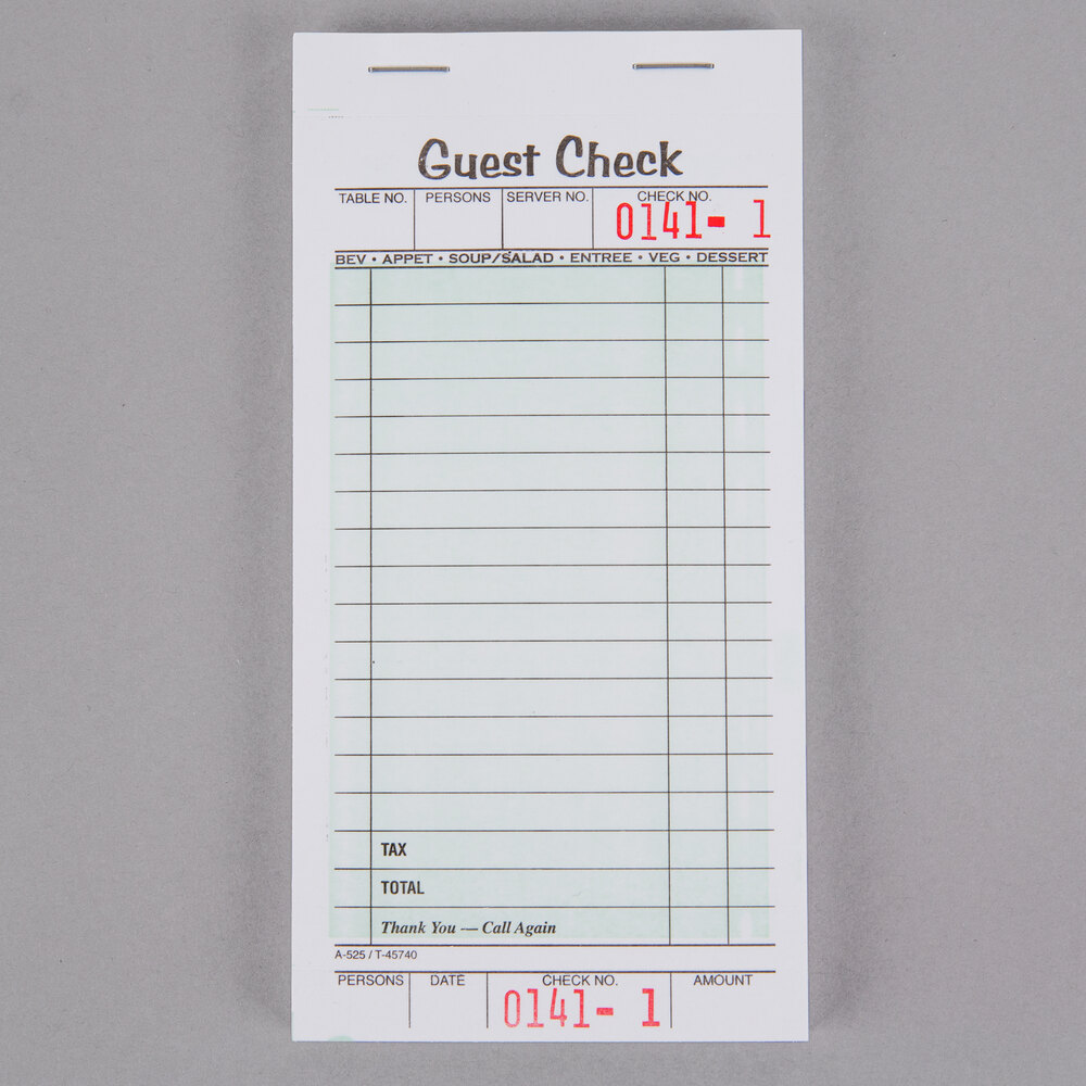 Adams 525SW 1-Part White / Green Guest Check Book with Receipt Stub - 5 ...