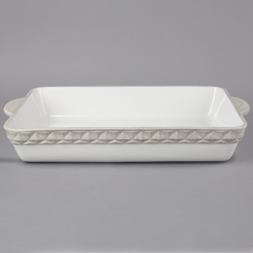 Tuxton EAU-201 DisplayTux 6.25 Qt. White Truffle Band Rectangular China Casserole Dish - 2/Case
