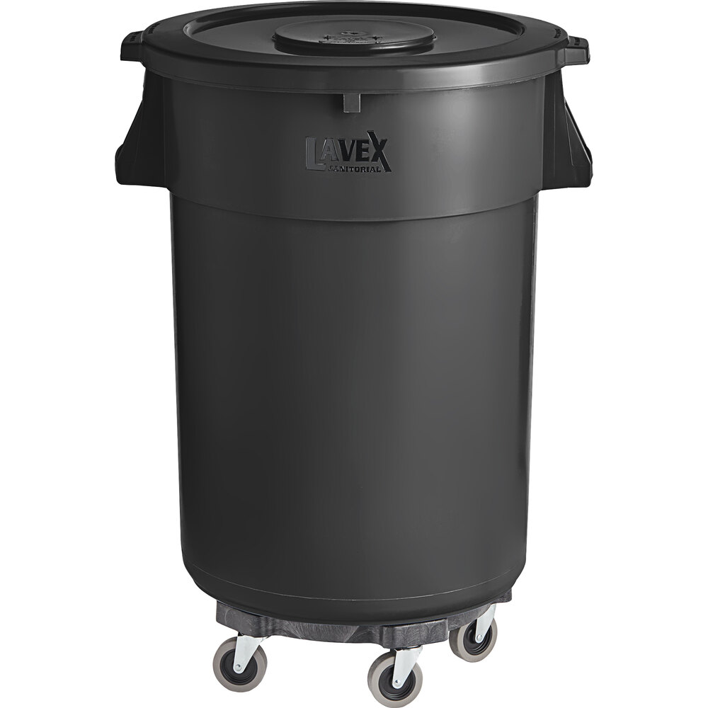 Lavex Janitorial 32 Gallon Black Round Commercial Trash Can with Lid ...