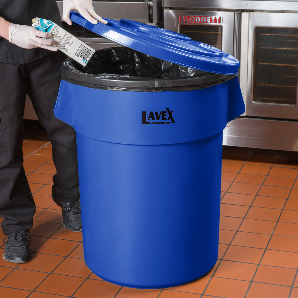 Lavex Janitorial 55 Gallon Blue Round Commercial Trash Can and Lid