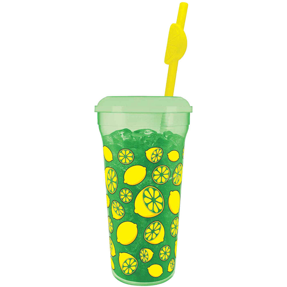 32 oz. Tall Plastic Green Lemon Quench Design Souvenir Cup with Straw ...