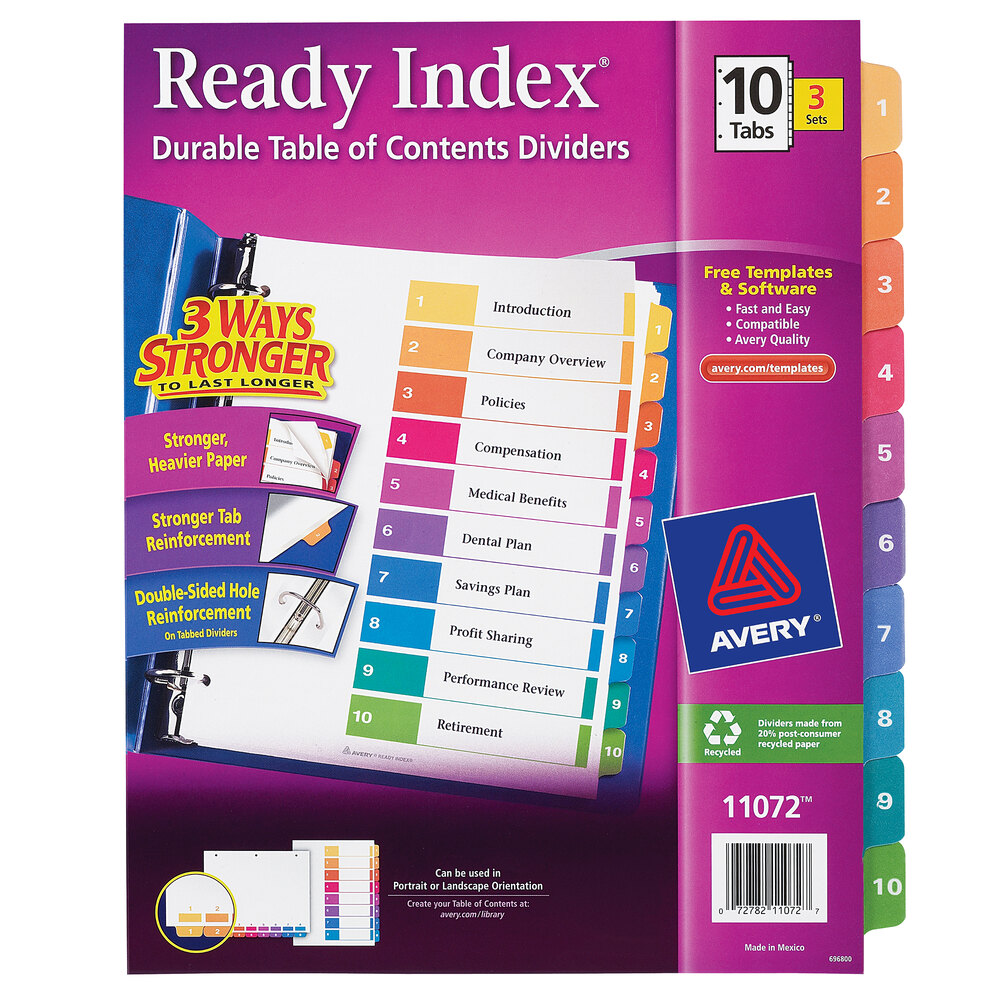 Avery 11072 Ready Index 10-Tab Multi-Color Paper Printable Customizable ...