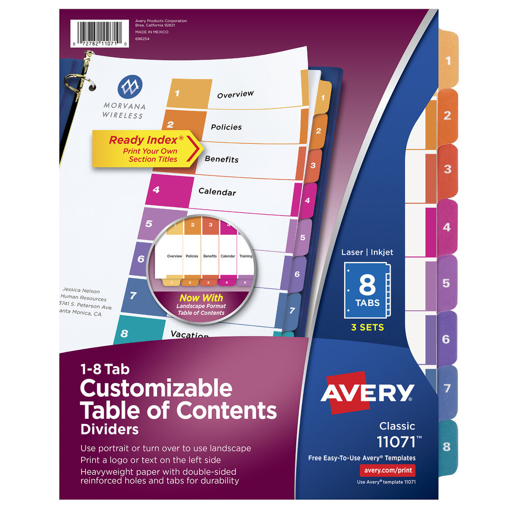 Avery® 11071 Ready Index 8-Tab Multi-Color Paper Printable Customizable ...