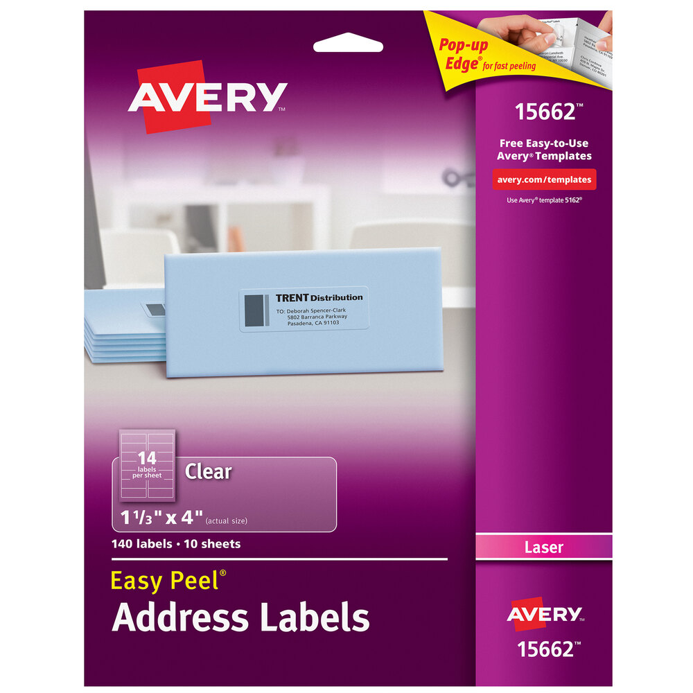 Avery 15662 Easy Peel 1 1 3 X 4 Clear Laser Printer Address Labels 