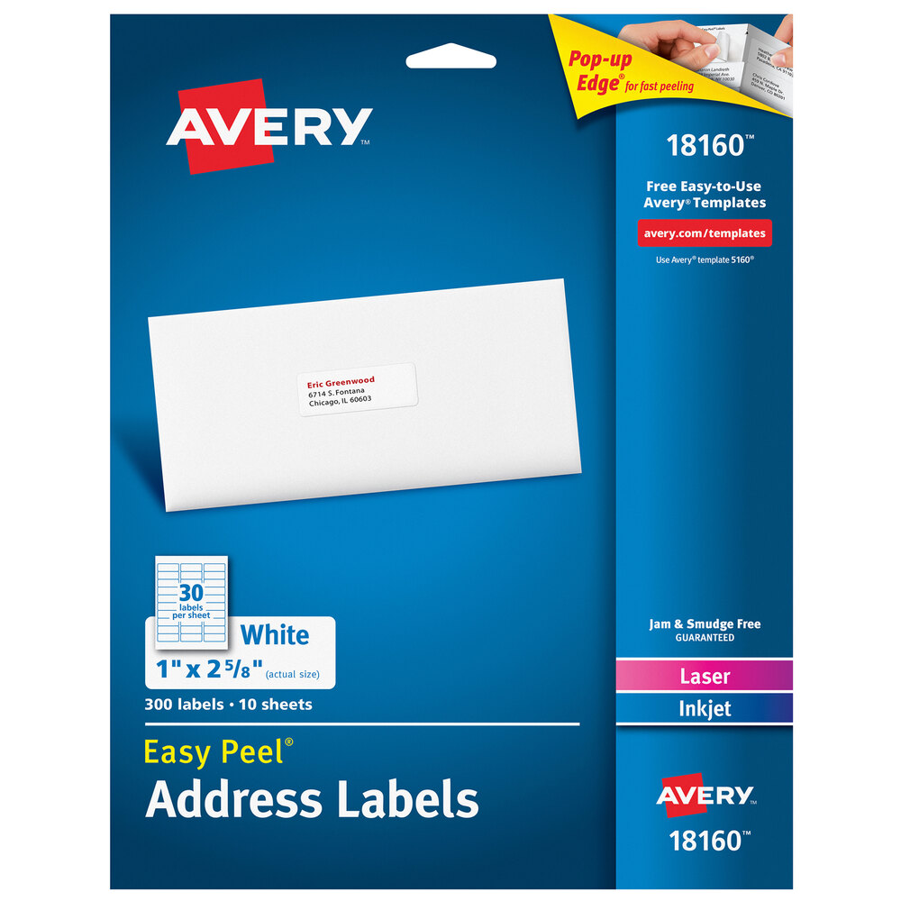 Avery 18160 Easy Peel 1 X 2 5 8 White Sure Feed Address Labels 300