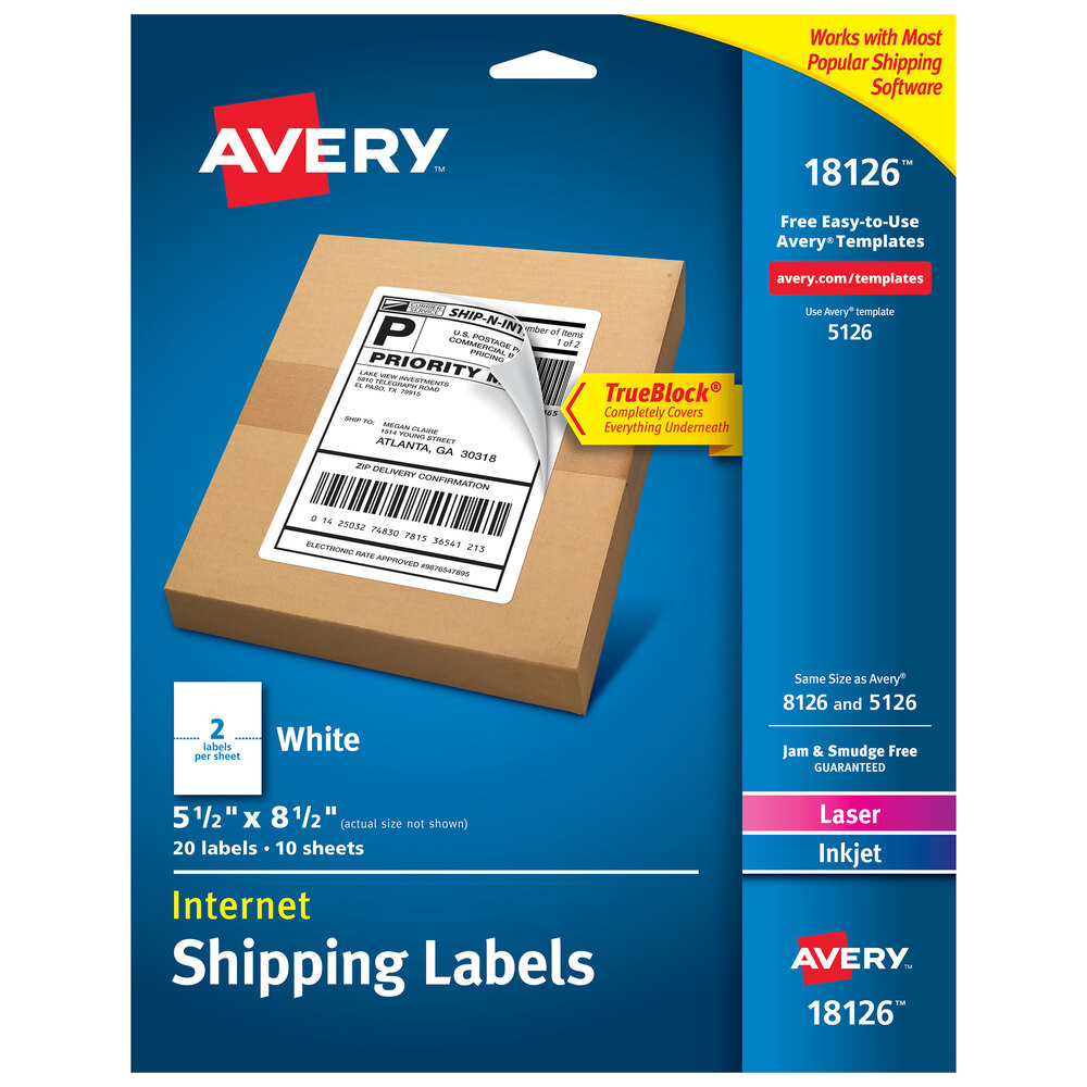 Avery 18126 TrueBlock 5 1 2 X 8 1 2 Internet Shipping Labels 20 Pack