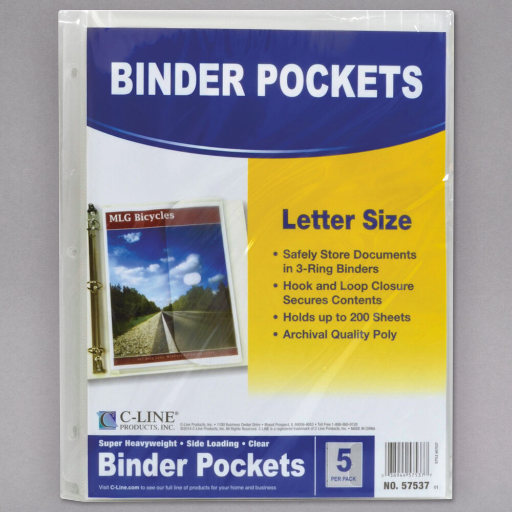 C-Line Products 57537 11 1/2" x 9 1/4" Clear Poly Binder Pocket - 5/Pack