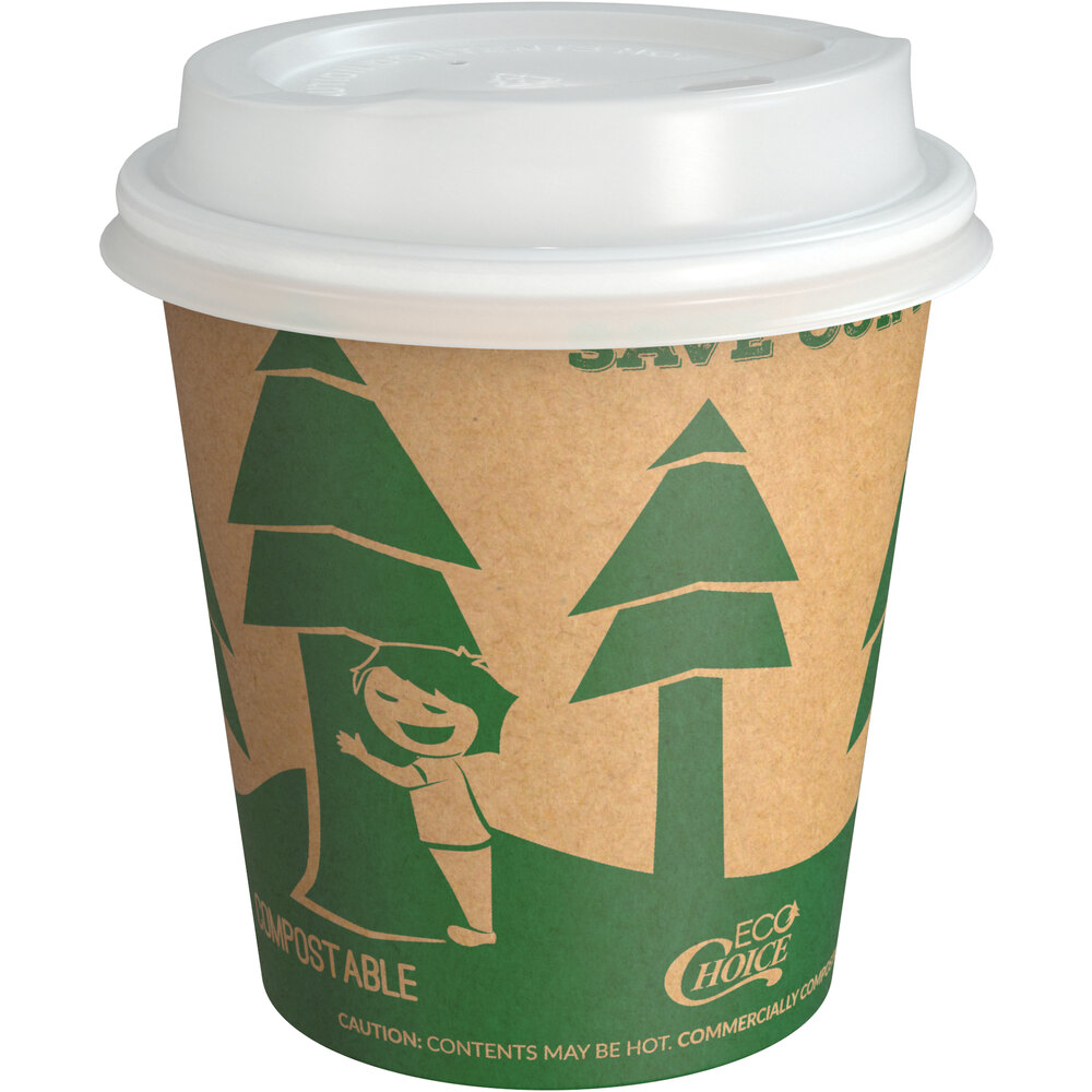 EcoChoice 8 oz. Kraft Tree Print Hot Cup and Lid - 100/Case