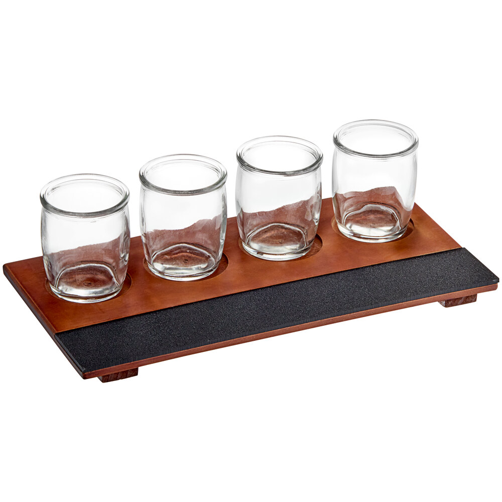 Acopa Write-On Flight Tray with Rounded Tasting Glasses - 3/Set