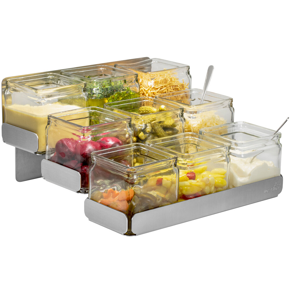 Rosseto SM323 Stainless Steel 3-Level Condiment Station with 9 Glass Jars