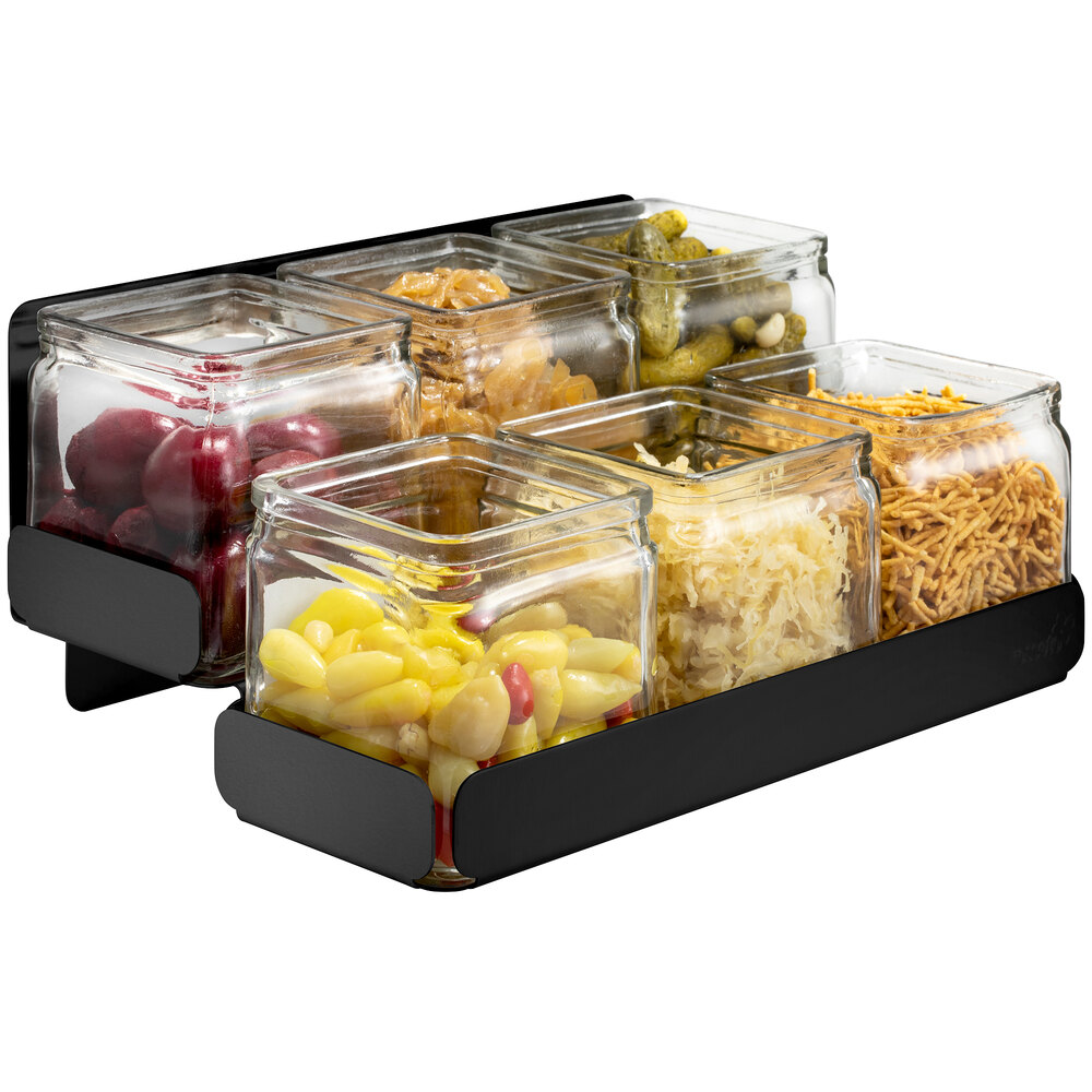 Rosseto SM327 Matte Black 2-Level Condiment Station with 6 Glass Jars