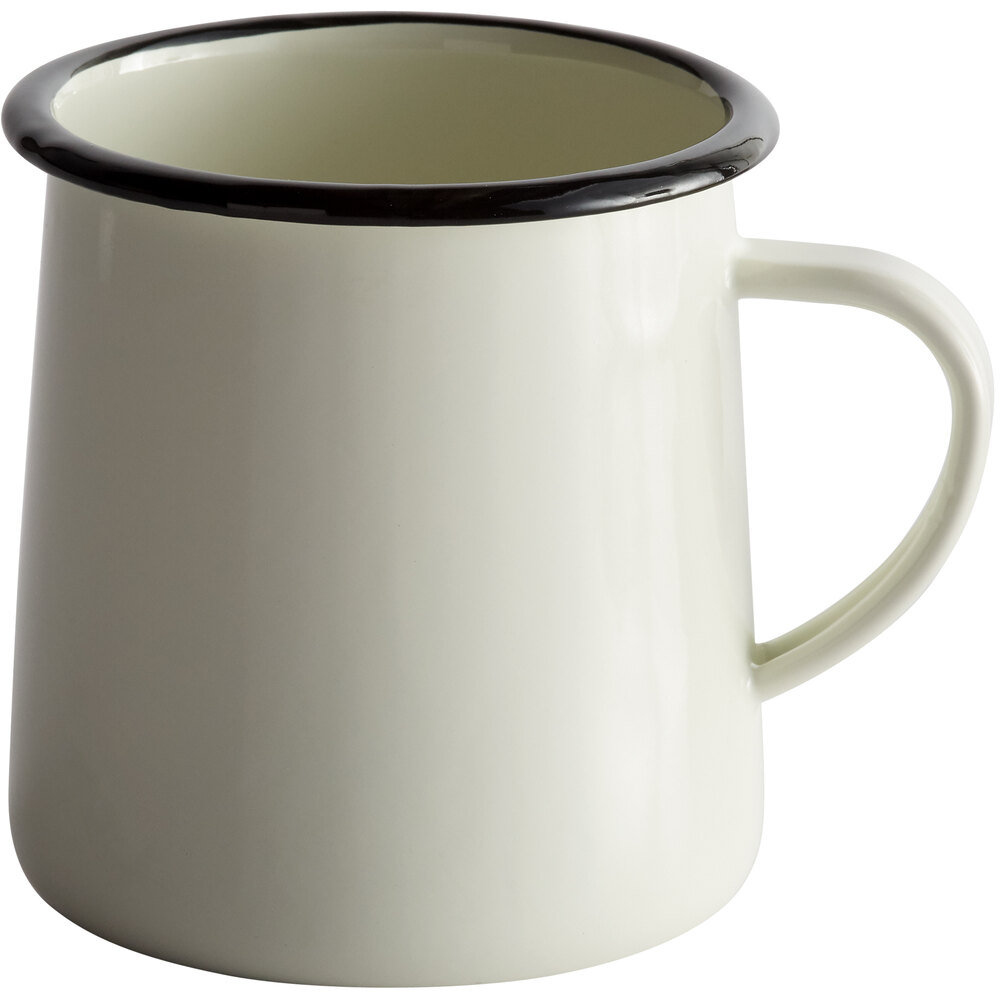 TableCraft 80010 Enamelware 16 oz. Black and Cream White Rolled Rim Mug