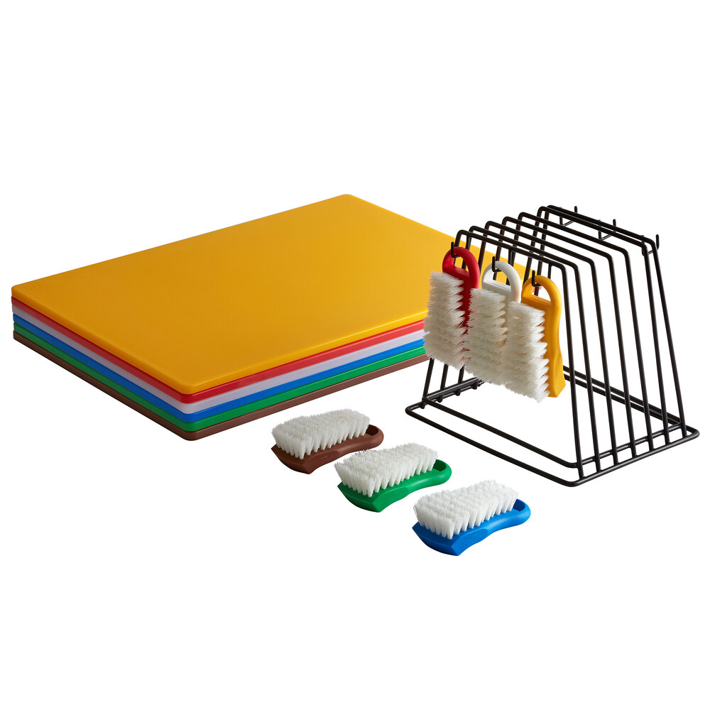 6-Board Color-Coded Cutting Board Set with Rack and Brushes - 15" x 20"
