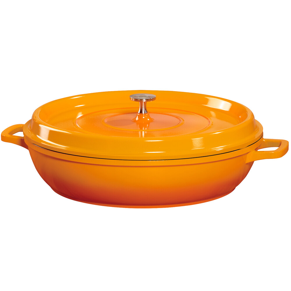 GET Heiss 3 Qt. Orange Enamel Coated Cast Aluminum Brazier / Paella Dish with Lid CA-005-O/BK/CC