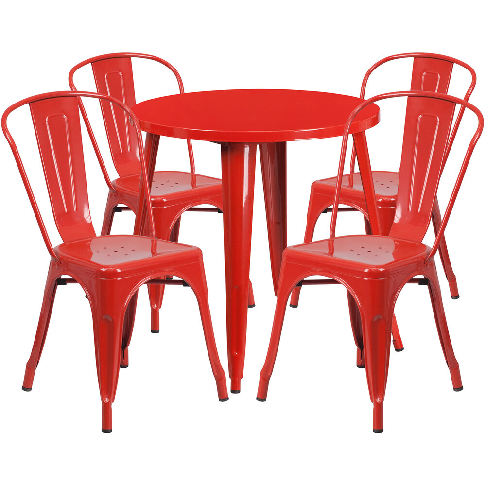 Flash Furniture Red Metal Table (Round) w/ 4 Cafe Chairs