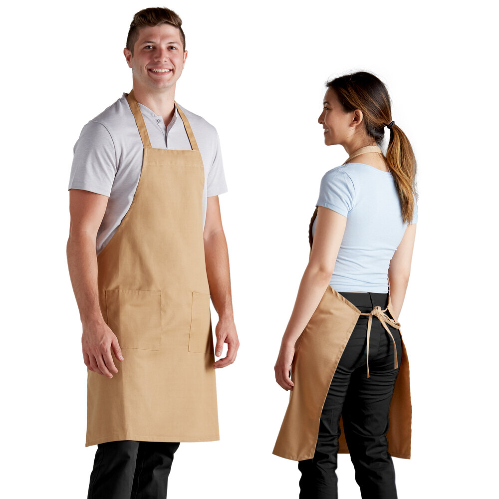 Choice Khaki Standard Bib Apron with 2 Pockets - 34"L x 30"W