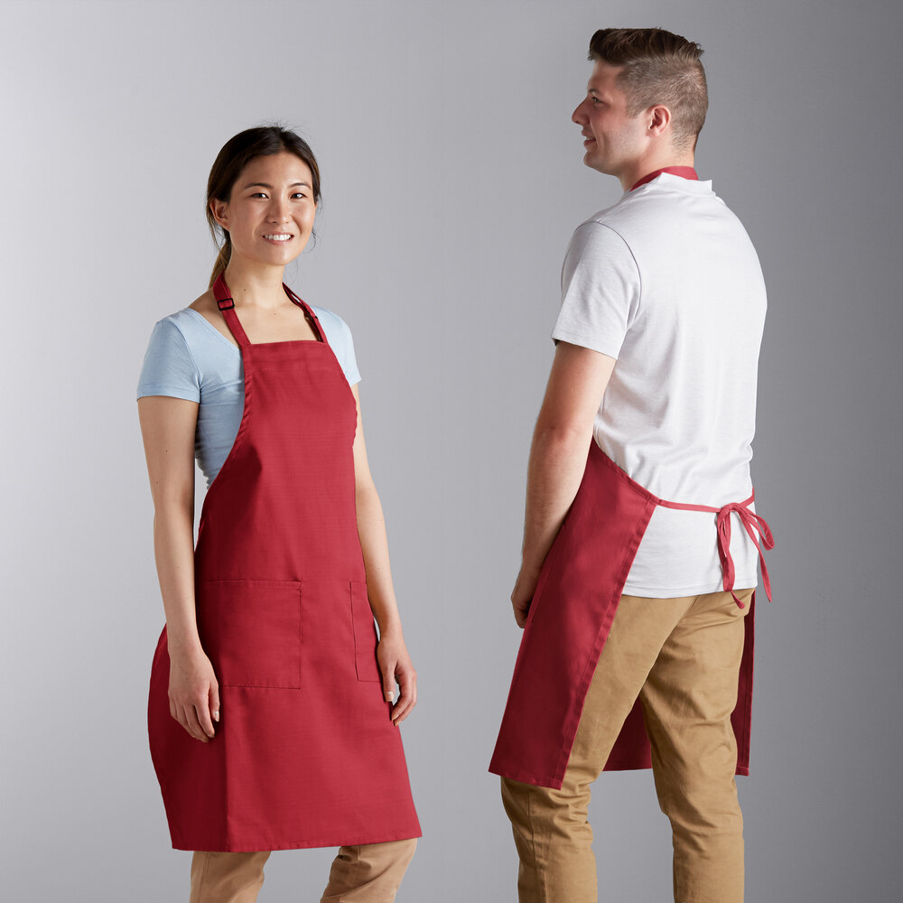 Choice Red Poly-Cotton Adjustable Bib Apron with 2 Pockets - 32" x 30"