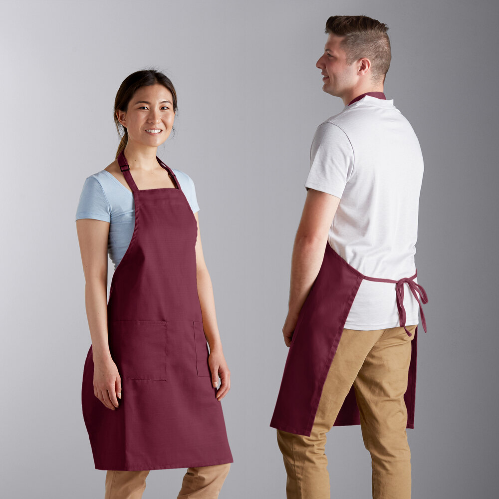 Choice Burgundy Poly-Cotton Adjustable Bib Apron with 2 Pockets - 32" x 30"