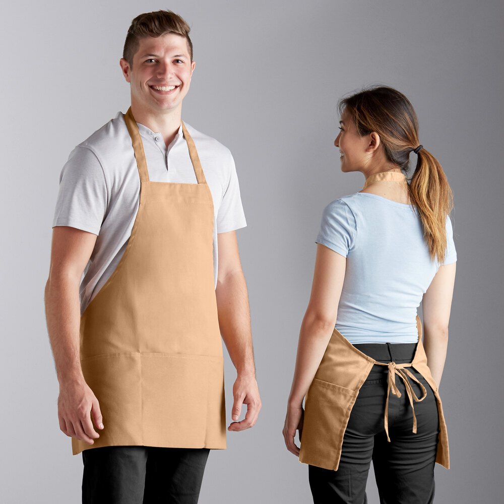 Choice Khaki Poly-Cotton Front of House Bib Apron with 3 Pockets - 25 ...