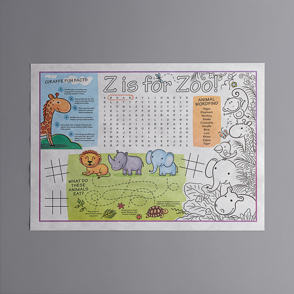 Choice 10" x 14" Kids Zoo Themed Interactive Placemat - 1,000/Case