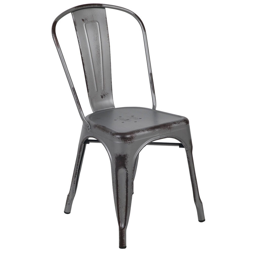 Flash Furniture ET-3534-SIL-GG Distressed Silver Stackable Metal Chair ...