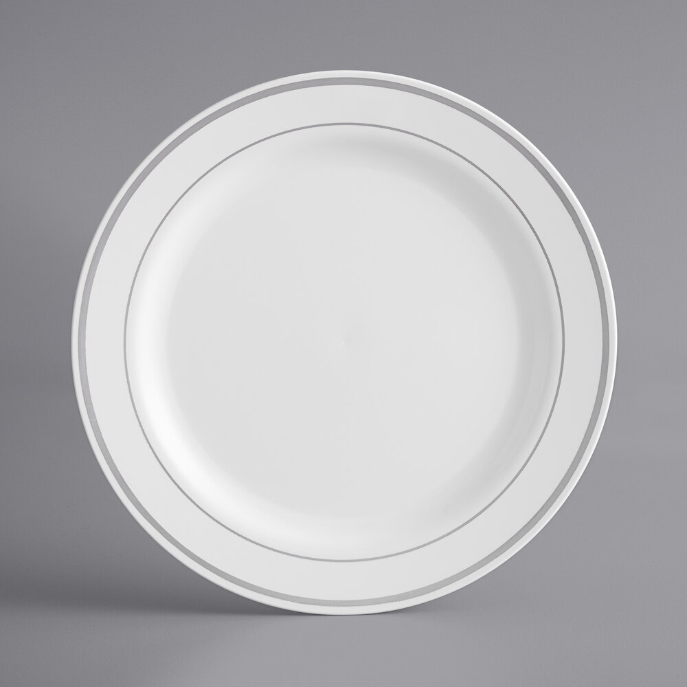 Visions Halo 9" White Plastic Plate with Silver Bands - 120/Case
