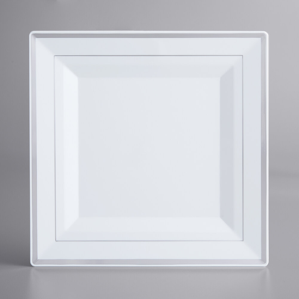 Visions Halo 10" Square White Plastic Plate with Silver Bands - 120/Case