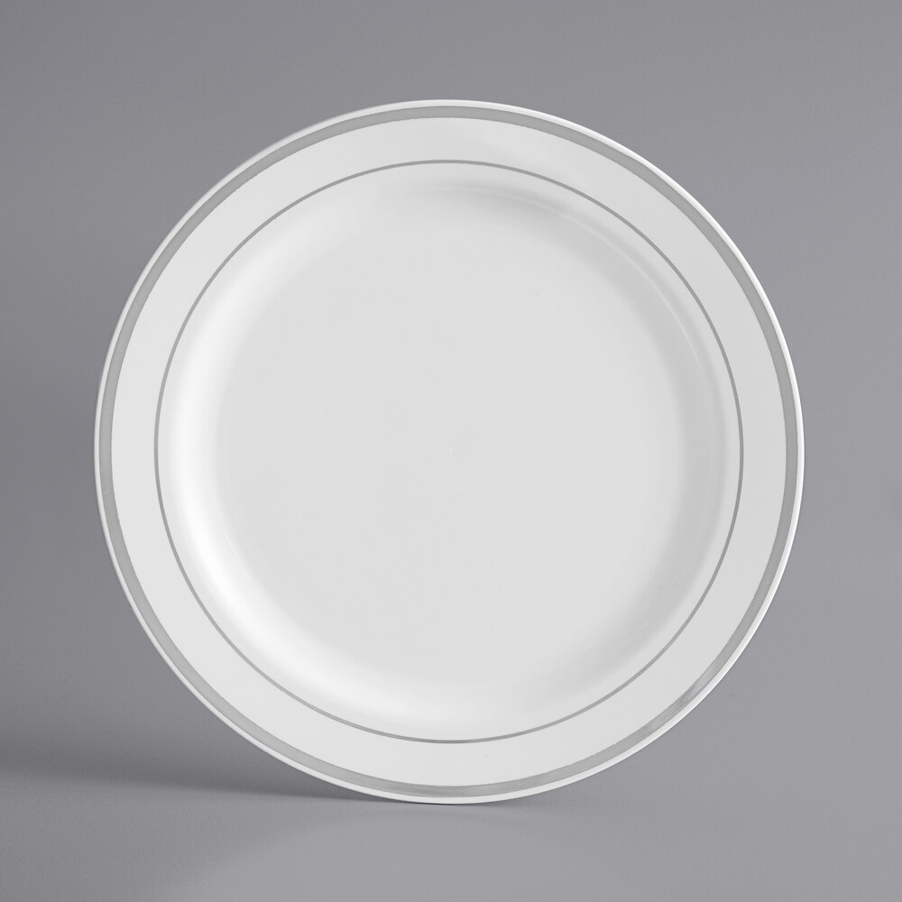 Visions Halo 7" White Plastic Plate with Silver Bands - 15/Sample