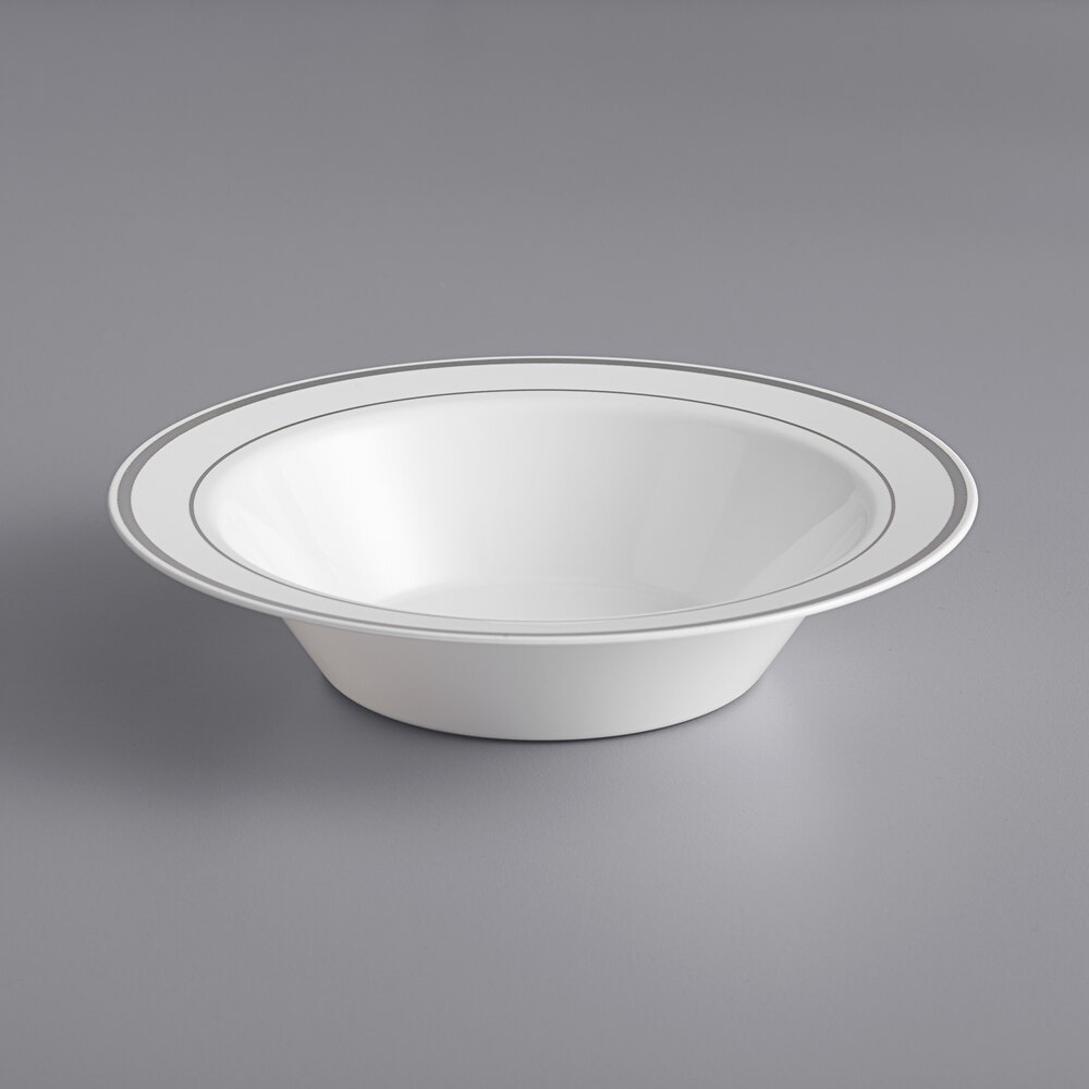 Visions Halo 12 oz. White Plastic Bowl with Silver Bands - 15/Sample