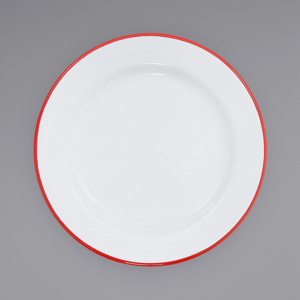 Crow Canyon Home V99RED Vintage 8" White Wide Rim Enamelware Plate with ...