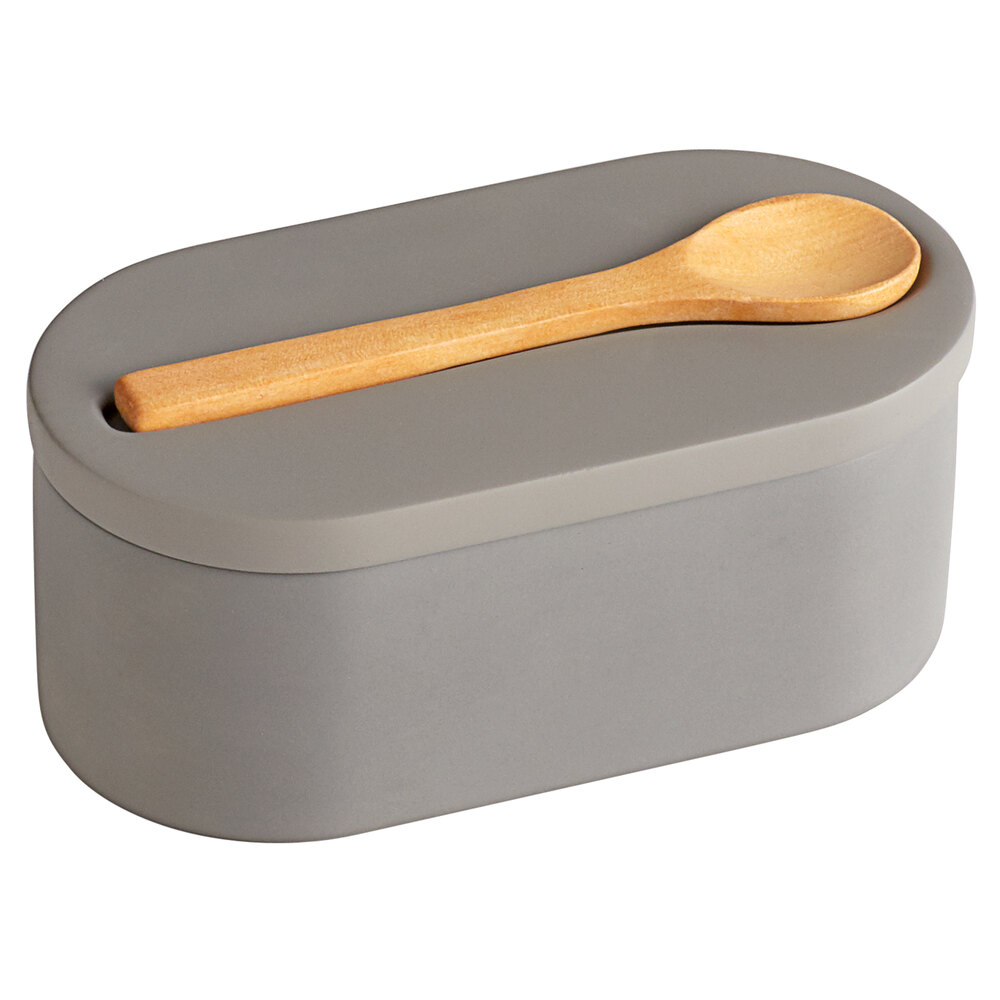 Concrete Salt Cellar with Wood Spoon - 6 5/8" x 2 7/8" x 2 3/8"