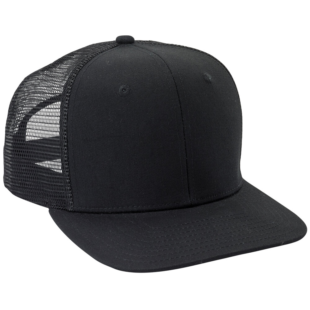 Mercer Culinary Black Customizable 6-Panel Trucker Cap with Mesh Back