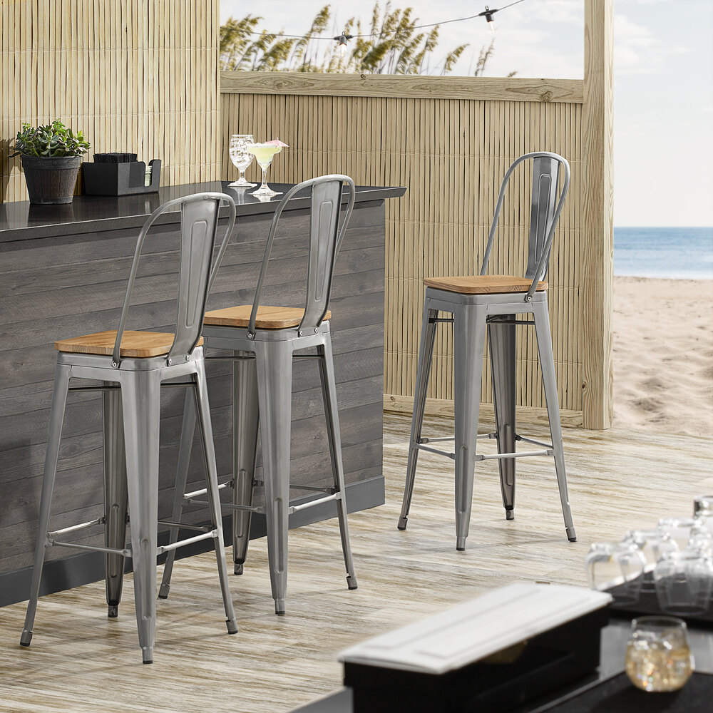 Alloy Series Silver Indoor Cafe Barstool with Natural Wood Seat