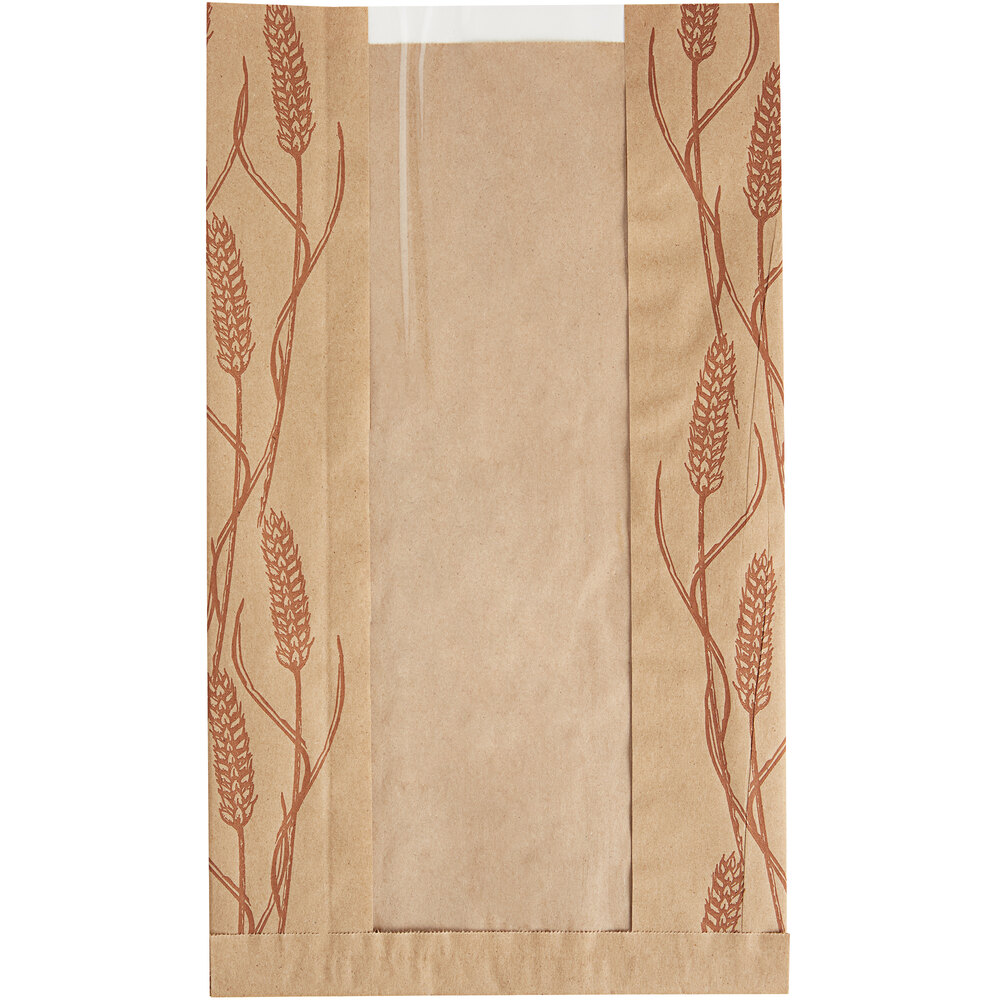 8 1/2" x 3" x 14" Kraft Paper Window Bread Bag with Wheat Design Print ...