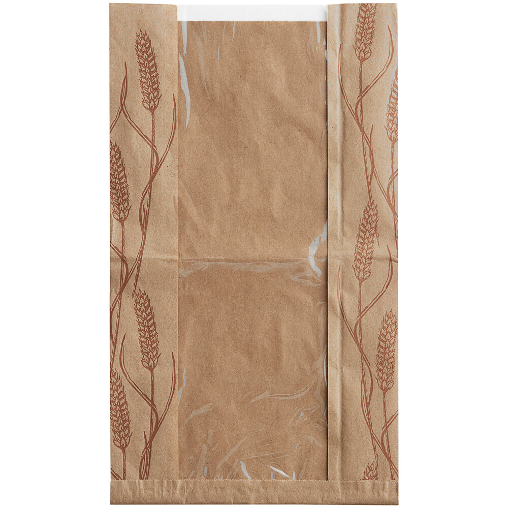 8 1/2" x 3" x 14" Kraft Paper Window Bread Bag with Wheat Design Print ...