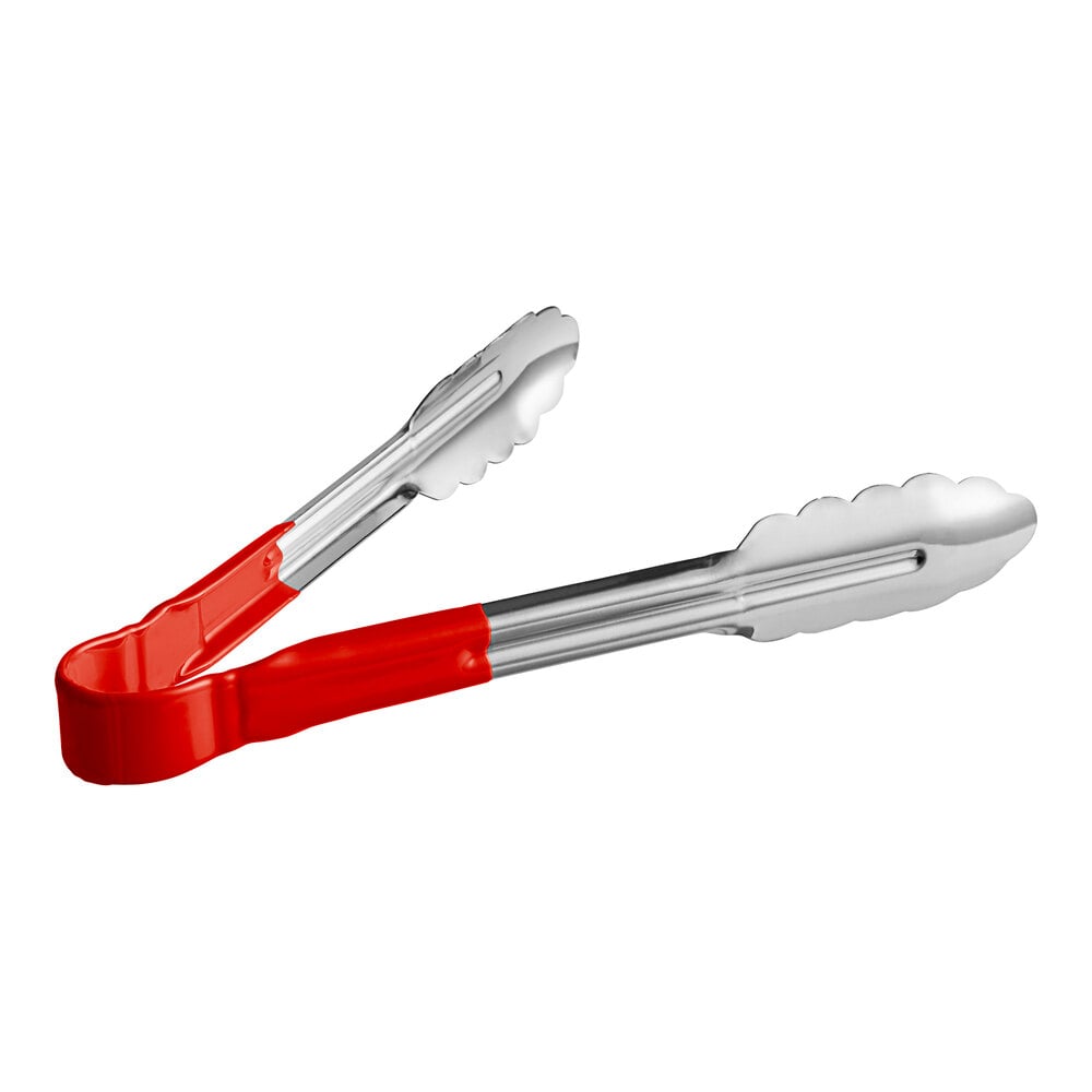 Carlisle 60756005 9 1/2" Stainless Steel Scalloped Tongs with Red Dura ...
