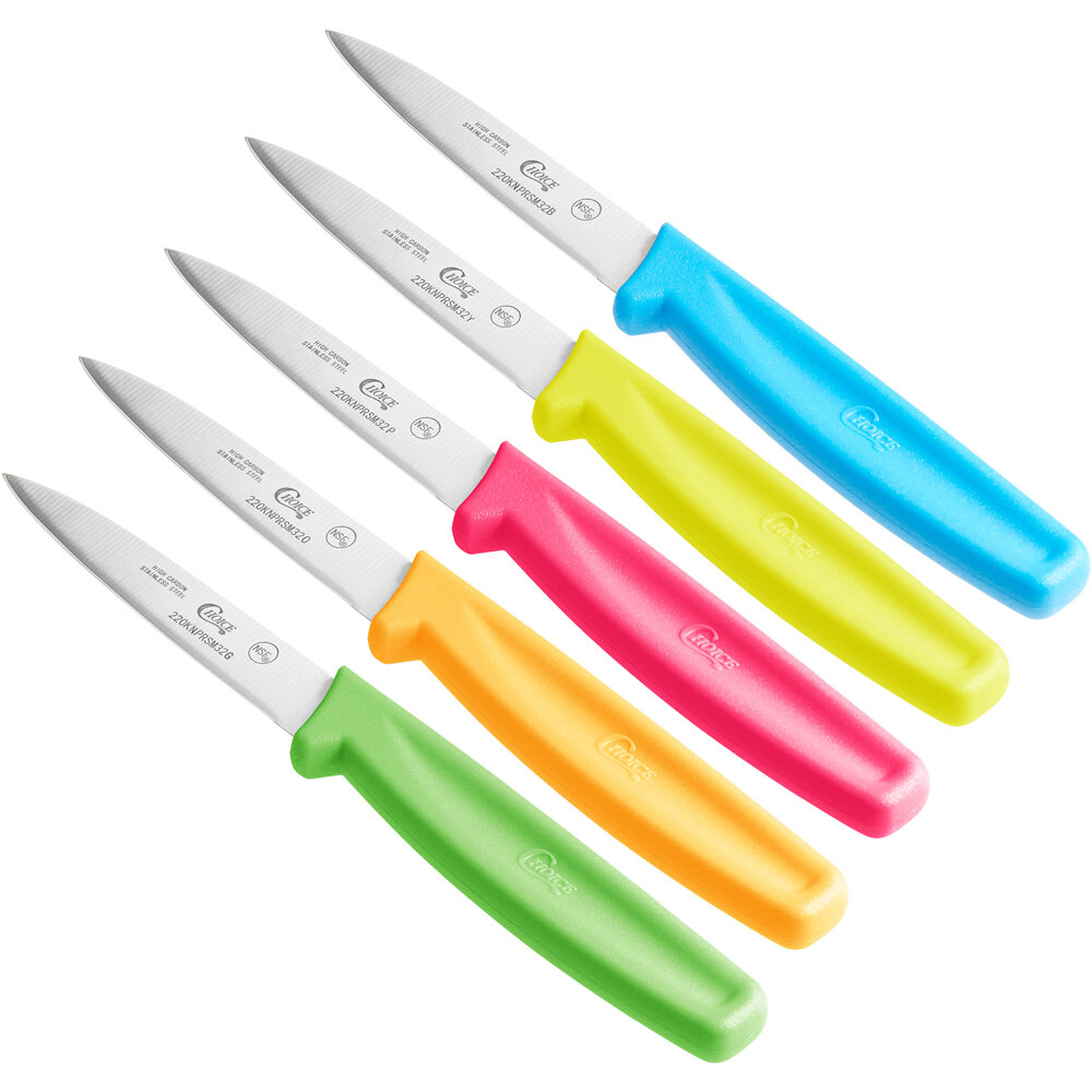 Choice 3 1/4" Smooth Edge Paring Knife with Neon Handle - 5/Pack