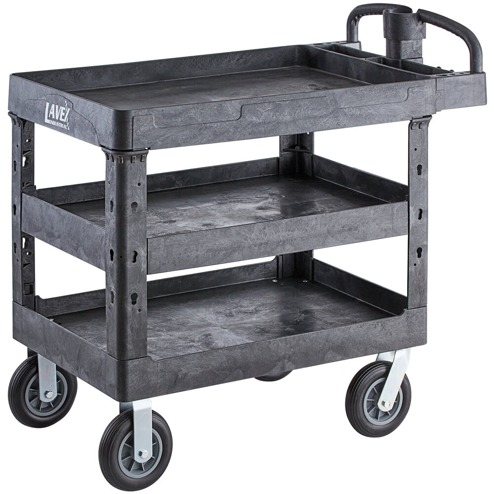 Lavex Large Black 3-Shelf Utility Cart with Ergonomic Handle, Built-In ...