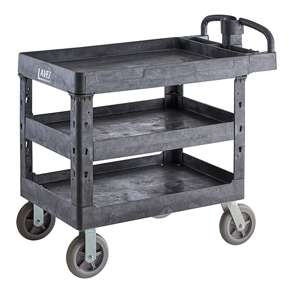 Lavex Large Black 3-Shelf Utility Cart with Ergonomic Handle, Built-In ...