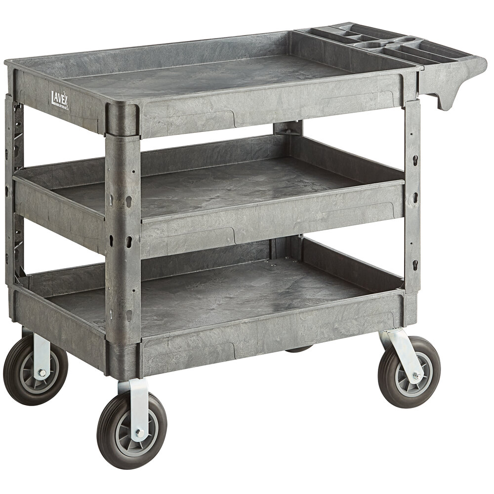 Lavex Industrial Large Gray 3-Shelf Utility Cart with Premium Handle ...
